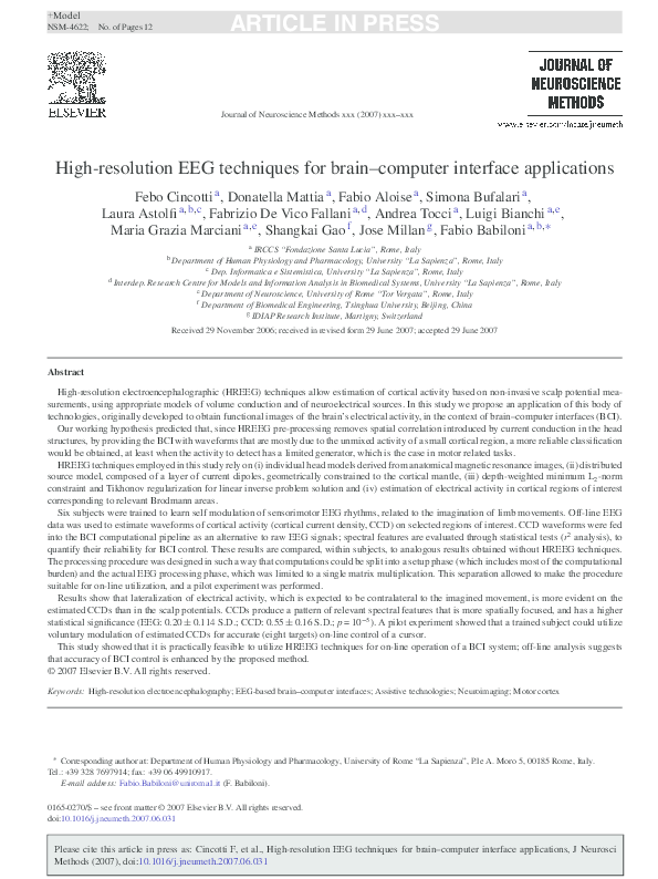 (PDF) High-resolution EEG techniques for brain–computer interface applications