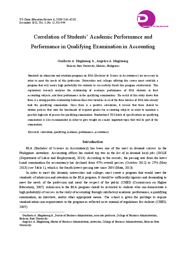 (PDF) Correlation of Students' Academic Performance and Performance in ...