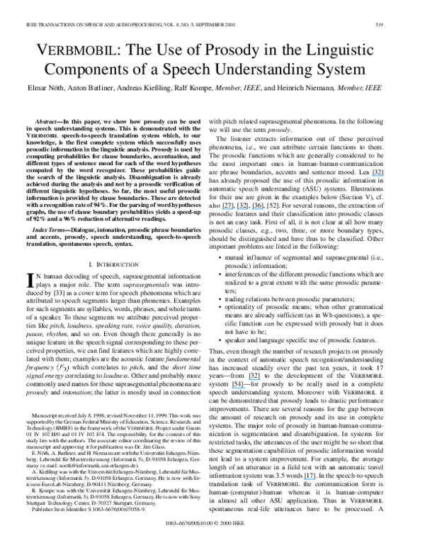 (PDF) VERBMOBIL: the use of prosody in the linguistic components of a speech understanding system