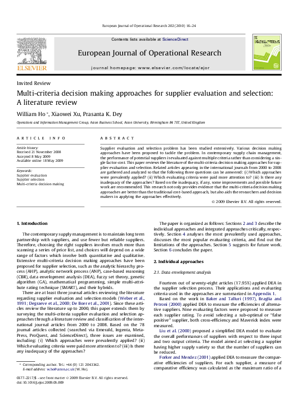 Pdf Multi Criteria Decision Making Approaches For Supplier Evaluation And Selection A
