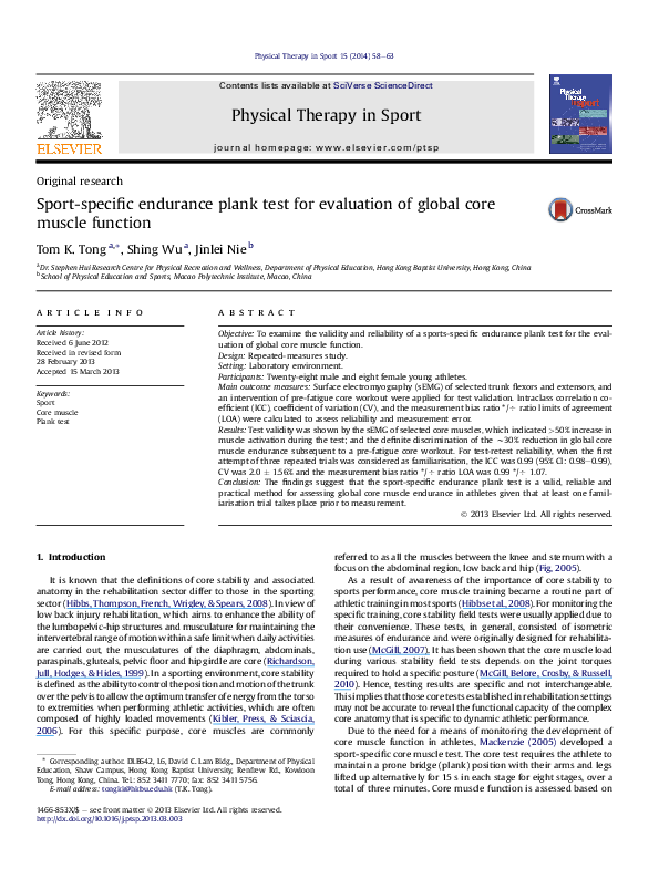 (PDF) Sport-specific endurance plank test for evaluation of global core ...