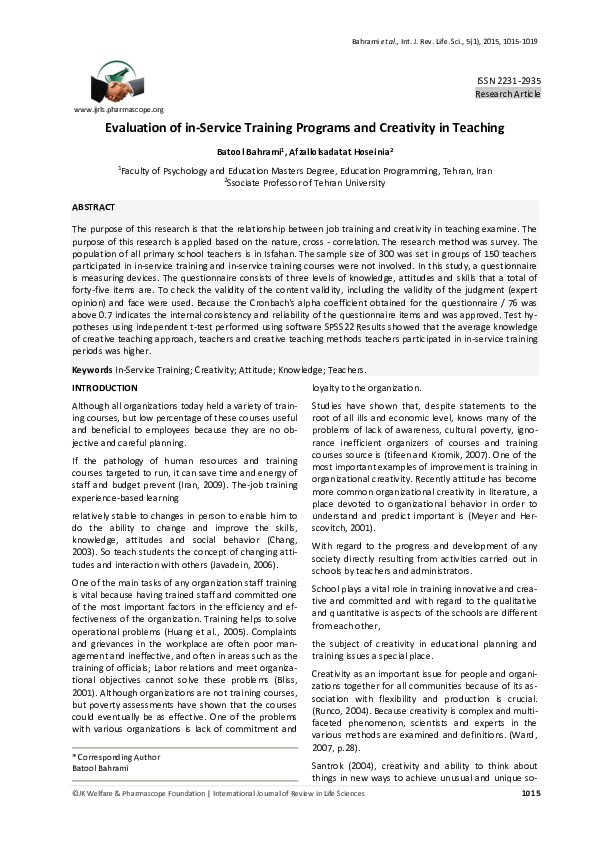 (PDF) Evaluation of in-Service Training Programs and Creativity in Teaching