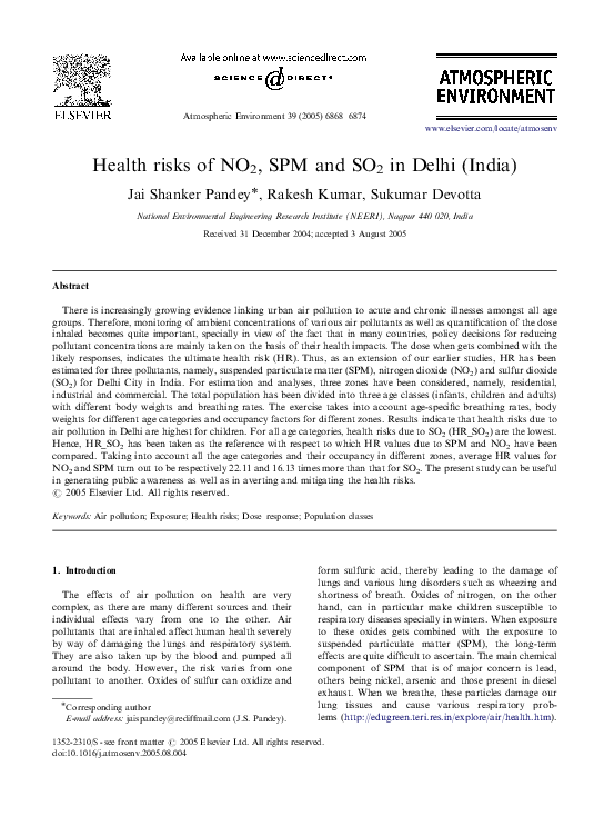 (PDF) Health risks of NO 2, SPM and SO 2 in Delhi (India