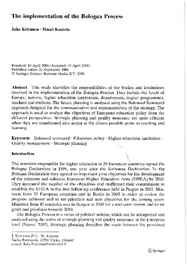 (PDF) The implementation of the Bologna process
