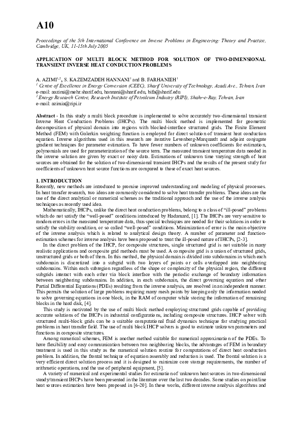 Pdf Application Of Multi Block Method For Solution Of Two Dimensional Transient Inverse Heat