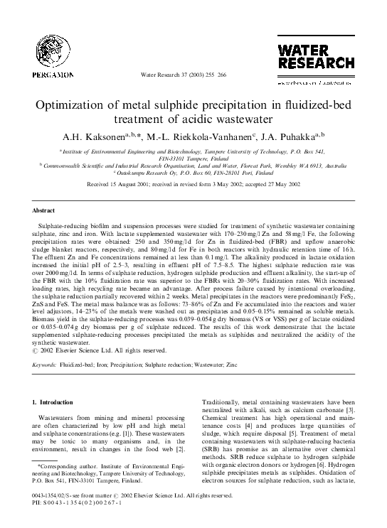 (PDF) Optimization of metal sulphide precipitation in fluidized-bed ...