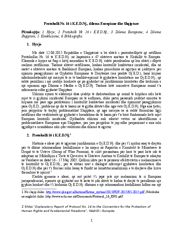 (DOC) Protokolli Nr. 16 i K.E.D.Nj., dilema europiane dhe shqiptare