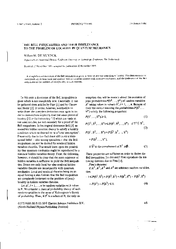 (PDF) The Bell inequalities and their irrelevance to the problem of locality in quantum mechanics
