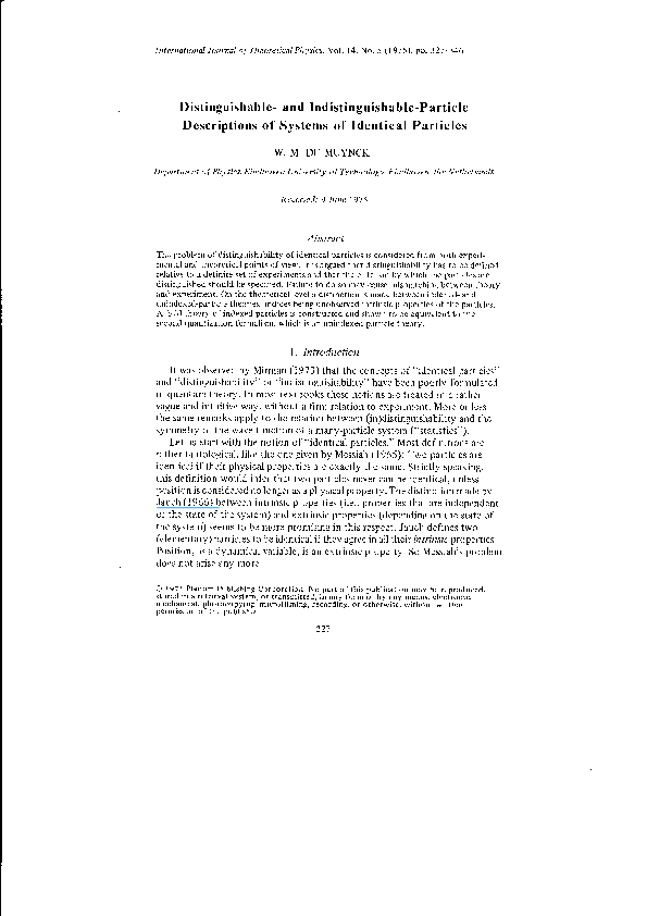Pdf Distinguishable And Indistinguishable Particle Descriptions Of Systems Of Identical Particles