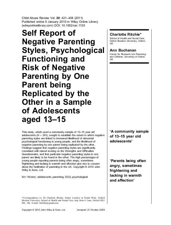 Self Report of Negative Parenting Styles, Psychological Functioning and ...