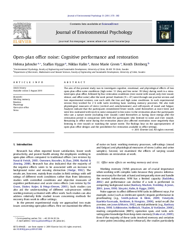 (PDF) Open-plan office noise: Cognitive performance and restoration