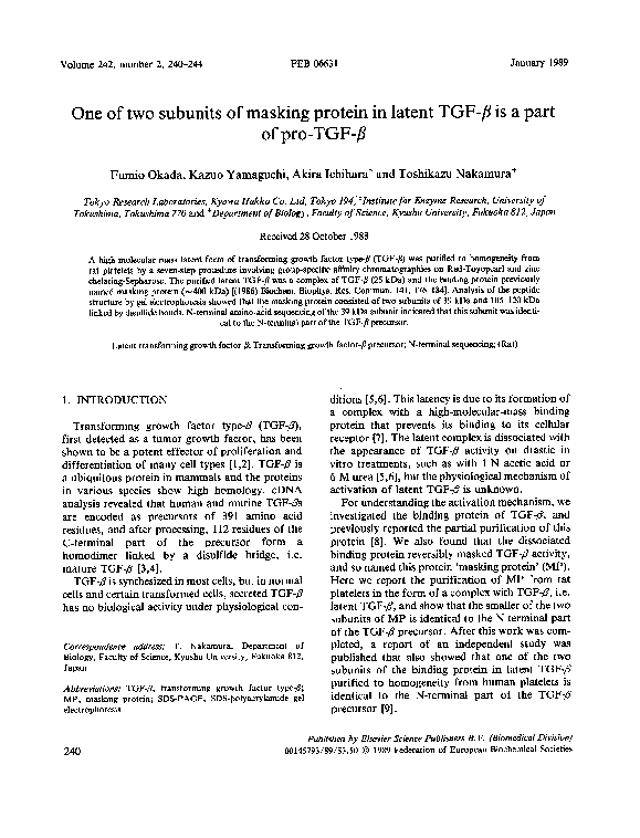 (PDF) One of two subunits of masking protein in latent TGF-β is a part ...