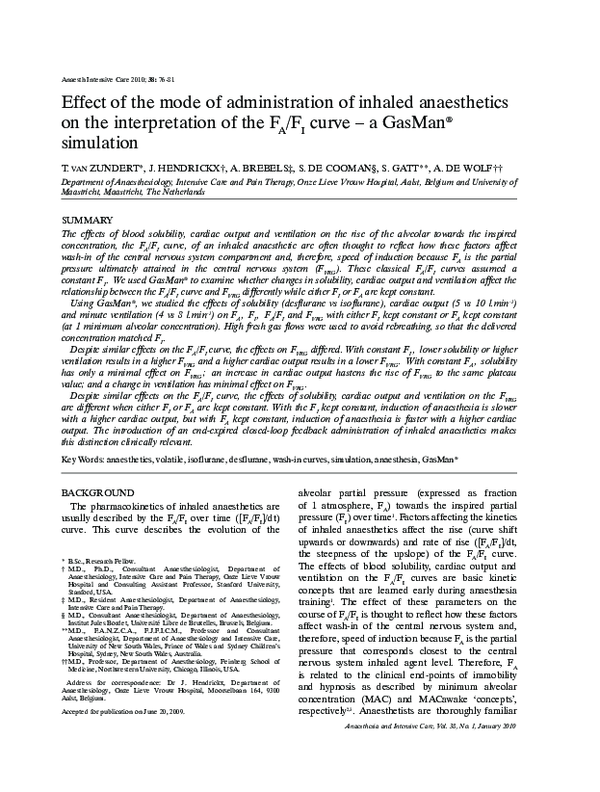 (PDF) Effect of the mode of administration of inhaled anaesthetics on ...