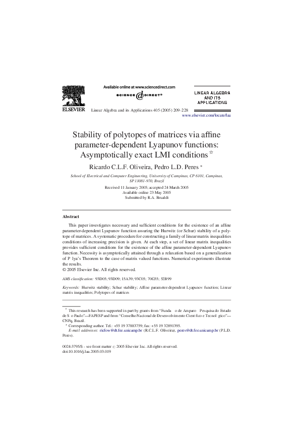 (PDF) Stability of polytopes of matrices via affine parameter-dependent Lyapunov functions ...