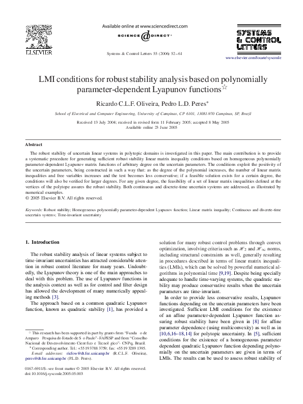 (PDF) LMI conditions for robust stability analysis based on polynomially parameter-dependent ...