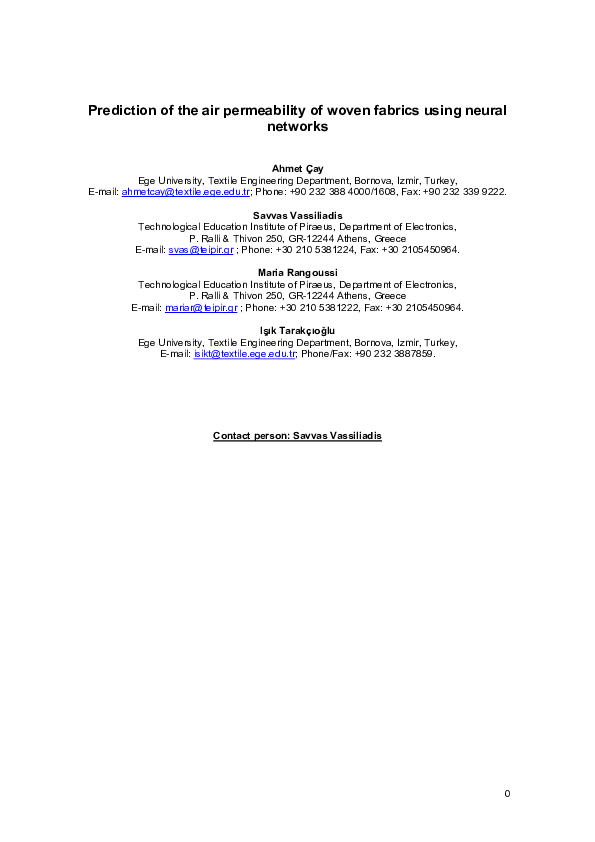 (PDF) Prediction of the air permeability of woven fabrics using neural networks