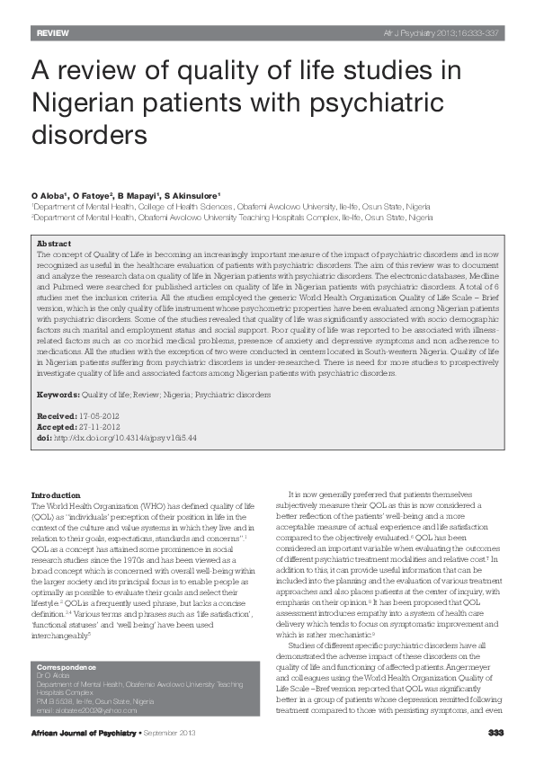 (PDF) REVIEW OF QUALITY OF LIFE STUDIES