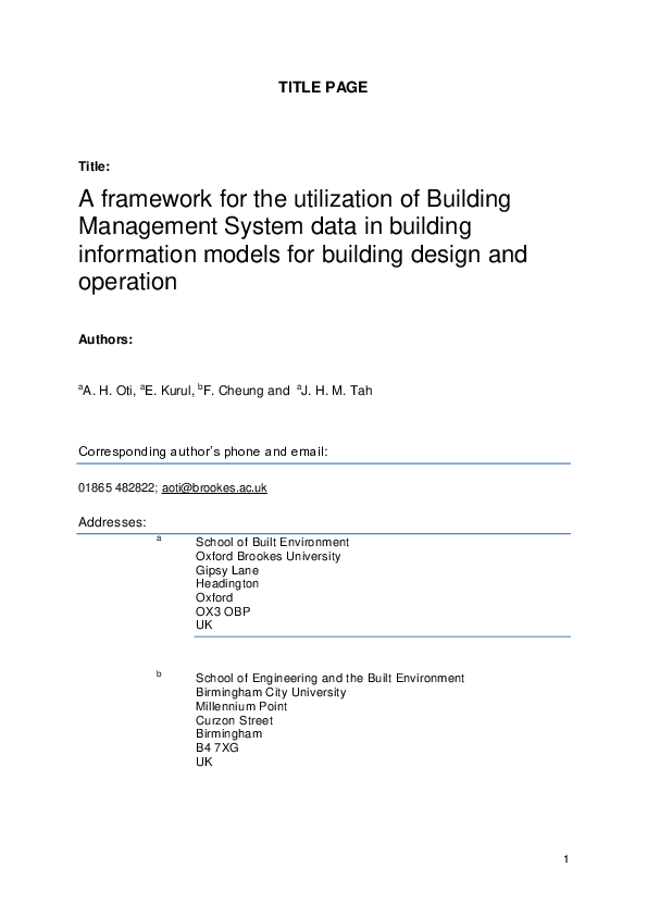 Pdf Title A Framework For The Utilization Of Bms Data In Building Information Models For