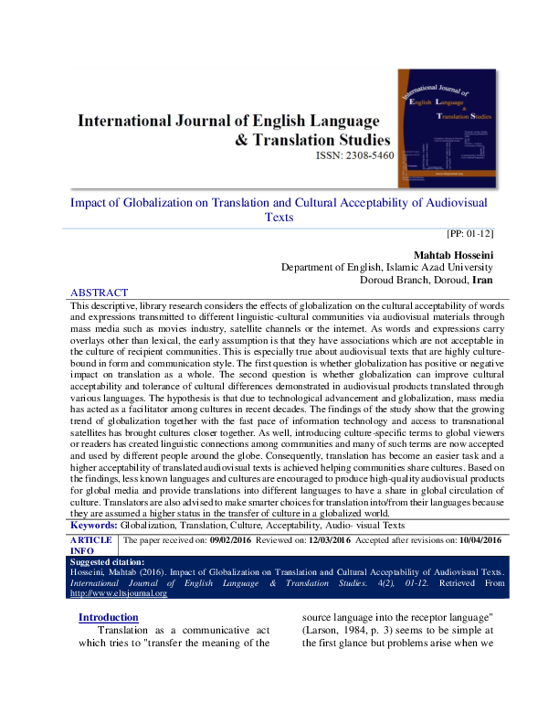 (PDF) Impact of Globalization on Translation and Cultural Acceptability ...