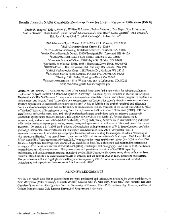 (PDF) Results from the NASA Capability Roadmap Team for In-Situ ...