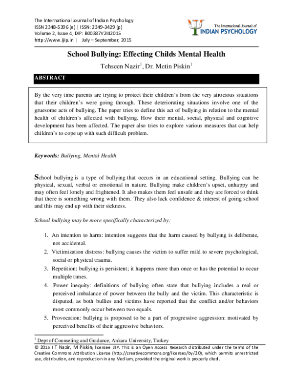 (PDF) School Bullying: Effecting Childs Mental Health