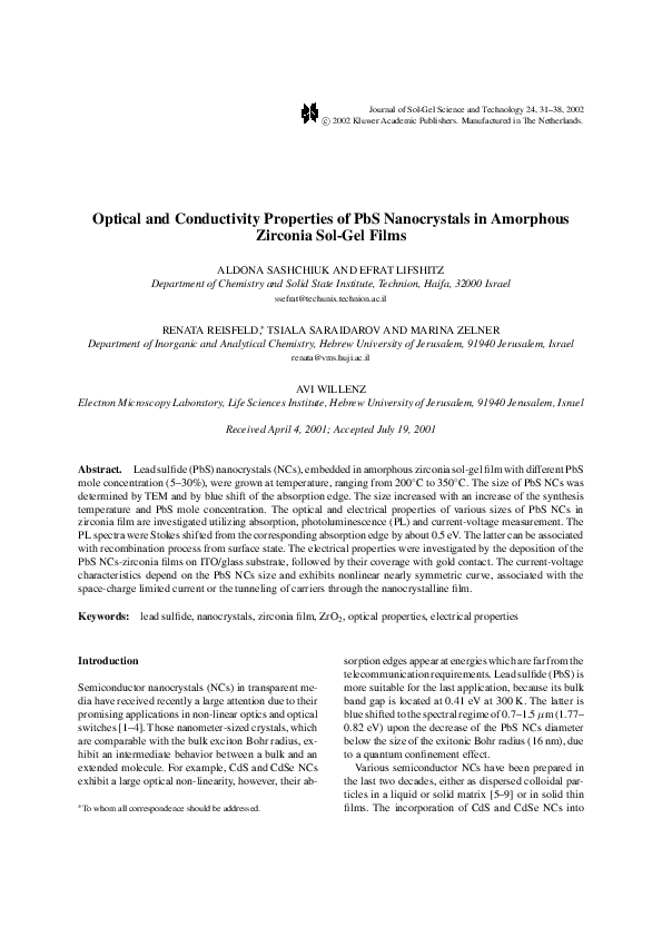 (PDF) Optical and conductivity properties of PbS nanocrystals in ...