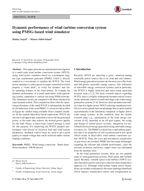 Pdf Dynamic Performance Of Wind Turbine Conversion System Using Pmsg Based Wind Simulator