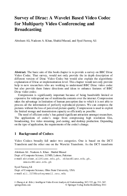 Pdf Survey Of Dirac A Wavelet Based Video Codec For Multiparty Video
