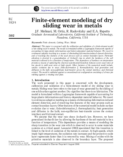 Pdf Finite Element Modeling Of Dry Sliding Wear In Metals