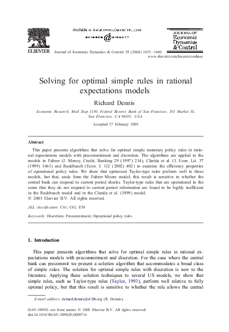 (PDF) Solving for optimal simple rules in rational expectations models