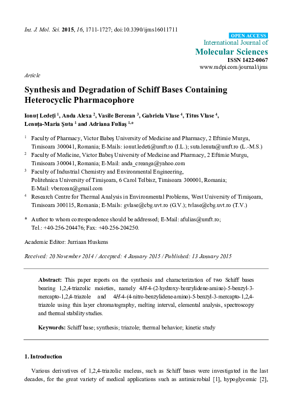 (PDF) Synthesis and Degradation of Schiff Bases Containing Heterocyclic Pharmacophore