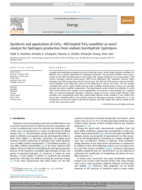 (PDF) Synthesis and application of CeO2–NiO loaded TiO2 nanofiber as ...
