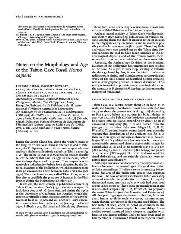 (PDF) Notes on the Morphology and Age of the Tabon Cave Fossil Homo sapiens