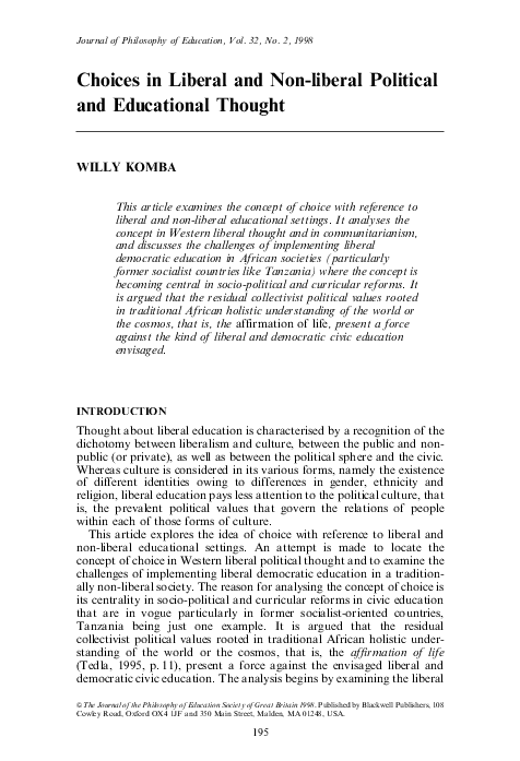 (PDF) Choices in Liberal and Non-liberal Political and Educational Thought