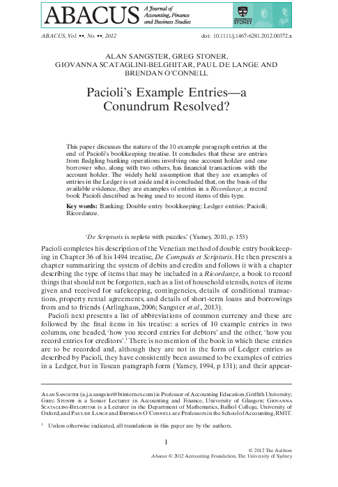 (PDF) Pacioli's Example Entries-a Conundrum Resolved?