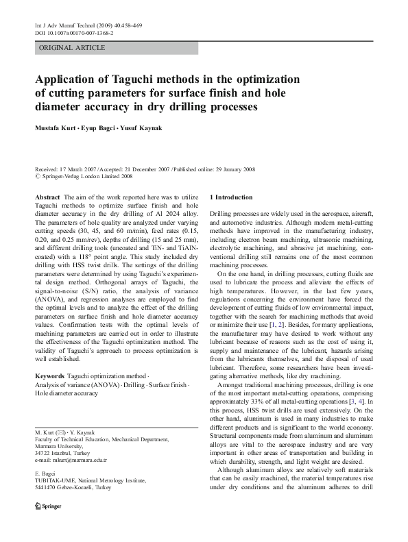 Pdf Application Of Taguchi Methods In The Optimization Of Cutting