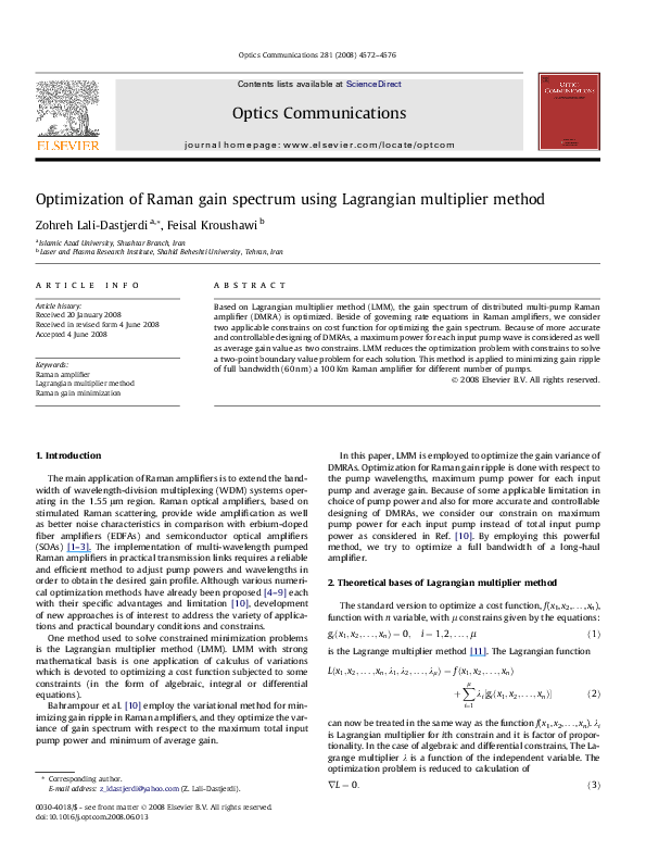(PDF) Optimization of Raman gain spectrum using Lagrangian multiplier method