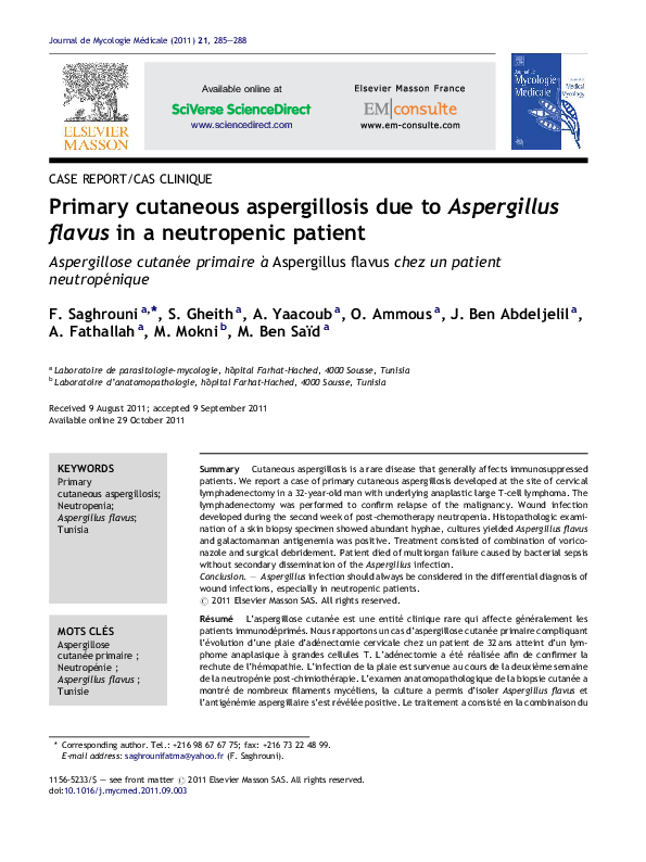 (PDF) Primary cutaneous aspergillosis due to Aspergillus flavus in a ...