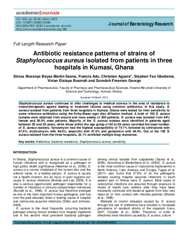 (PDF) Antibiotic resistance patterns of strains of Staphylococcus aureus isolated from patients ...