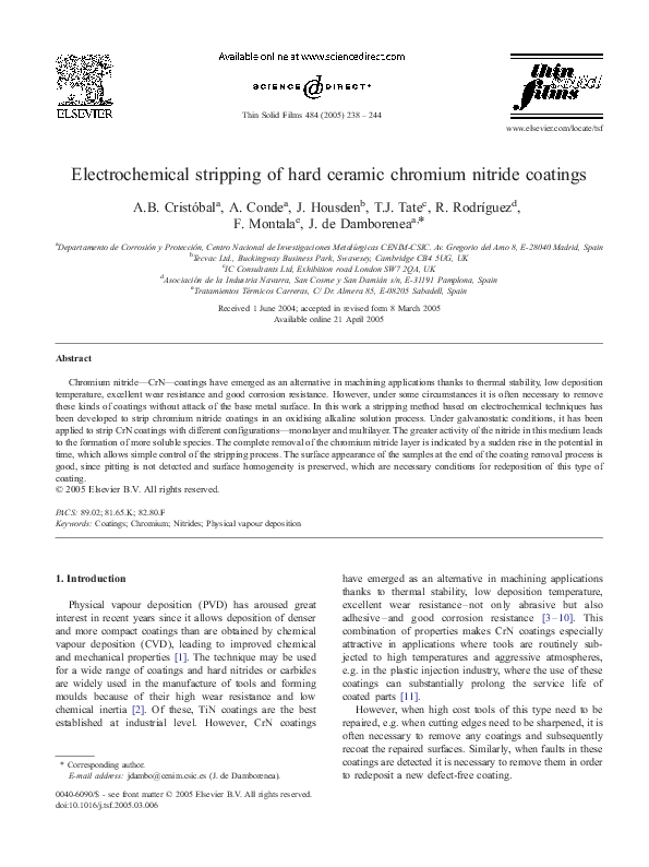 (PDF) Electrochemical stripping of hard ceramic chromium nitride coatings