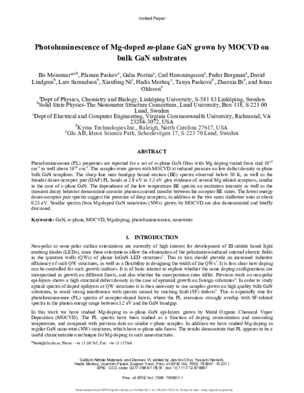 (PDF) Photoluminescence of Mg-doped m -plane GaN grown by MOCVD on bulk ...