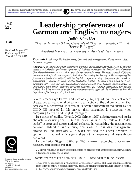 (PDF) Leadership preferences of German and English managers