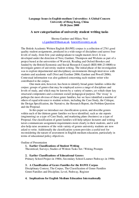 (PDF) A new categorisation of university student writing tasks