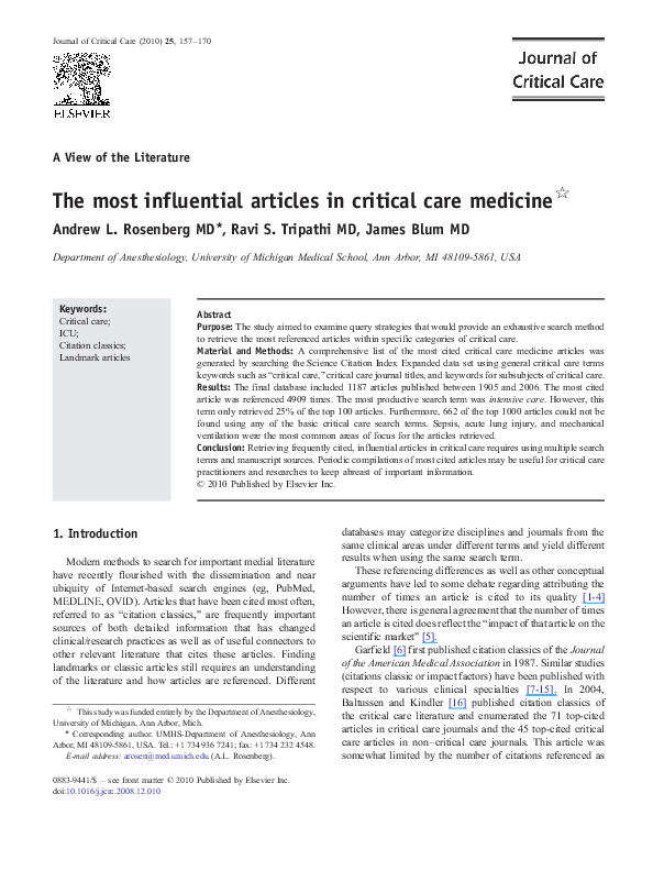 (PDF) The most influential articles in critical care medicine