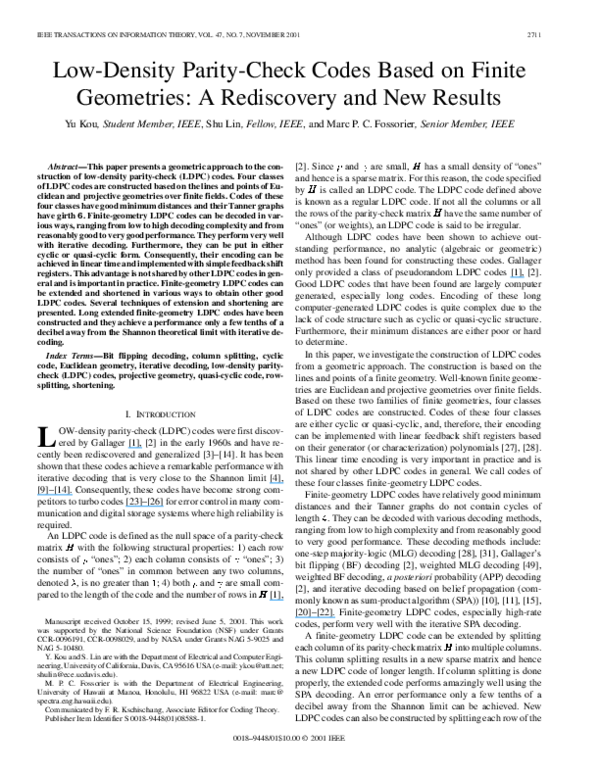 (PDF) Low Density Parity Check Codes Based on Finite Geometries and Balanced Incomplete Block Design
