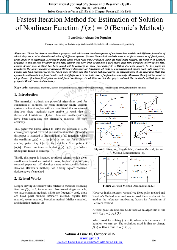 Pdf Fastest Iteration Method For Estimation Of Solution Of Nonlinear Function Fx 0 Bennie