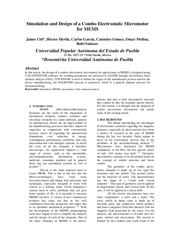 (PDF) Simulation and Design of a Combo Electrostatic Micromotor for MEMS
