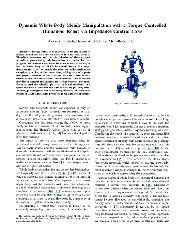 Pdf Dynamic Whole Body Mobile Manipulation With A Torque Controlled Humanoid Robot Via