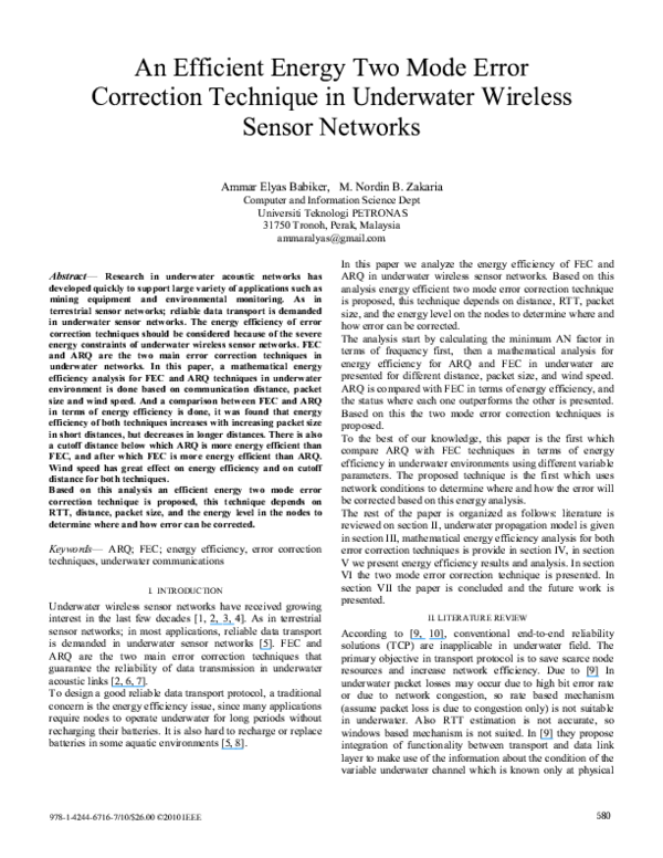 (PDF) An efficient energy two mode error correction technique in underwater wireless sensor networks