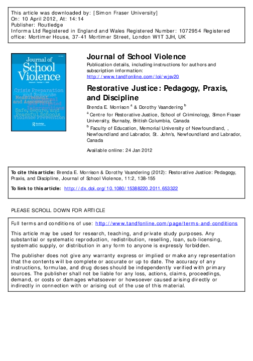 (PDF) Restorative Justice: Pedagogy, Praxis, and Discipline